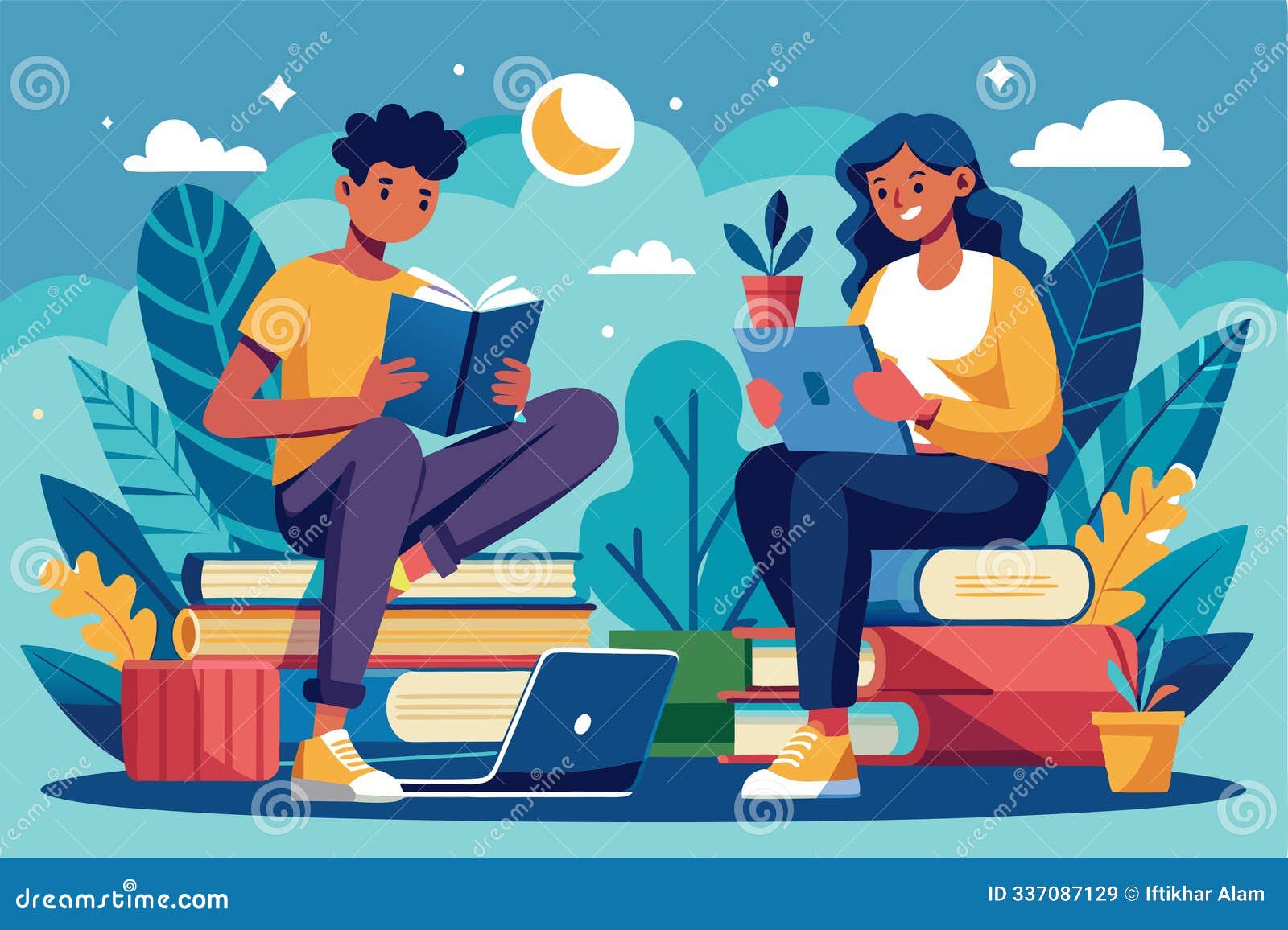 Two People are Engrossed in Reading Books and Working on Laptops in a ...