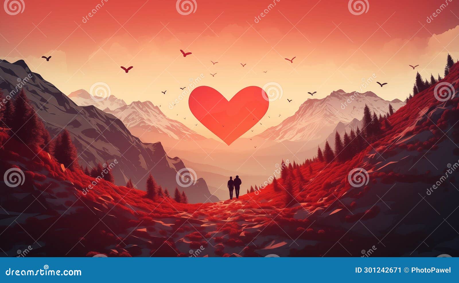 Two People Exploring A Mountain Range And Heart In Background Royalty ...
