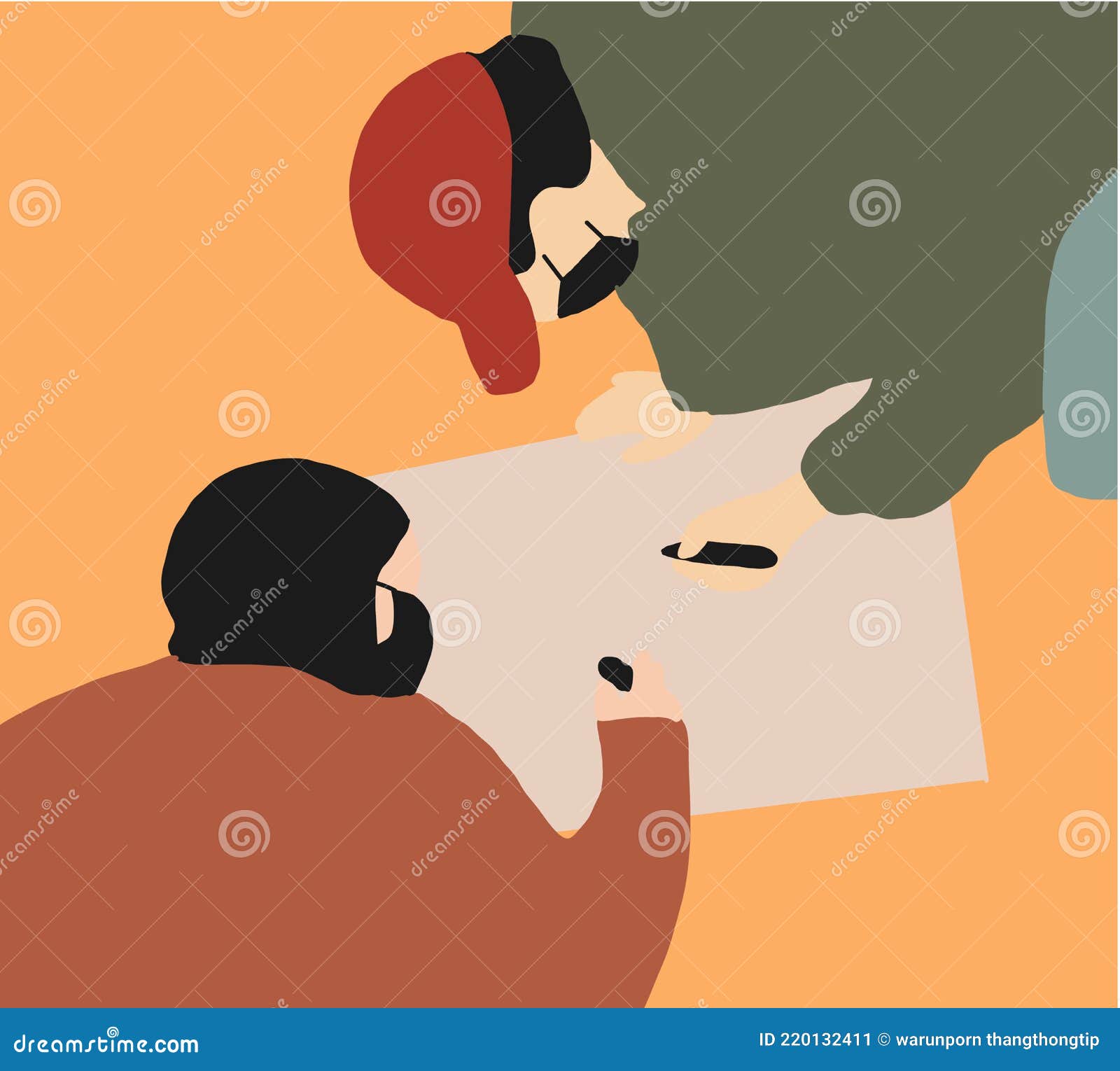 Two People with Face Mask Write Text on a Brown Cardboard Sign Multiple ...