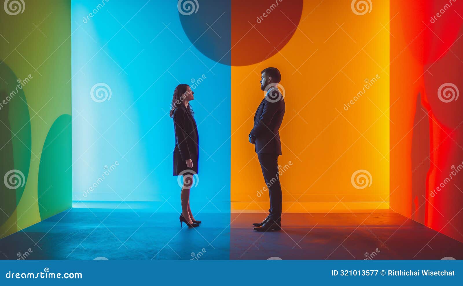 Two People Facing Each Other in a Room Split by Blue and Orange ...