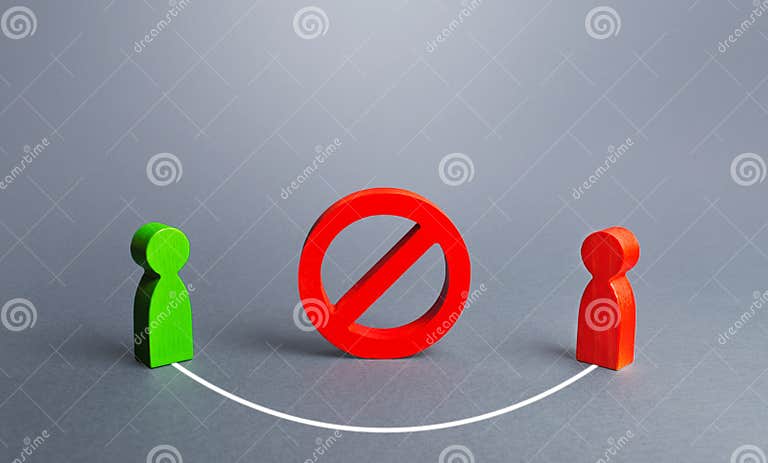 Two People Figures are Connected Bypassing Red Prohibition Sign NO ... Two People Figures are Connected Bypassing Red Prohibition Sign NO ...