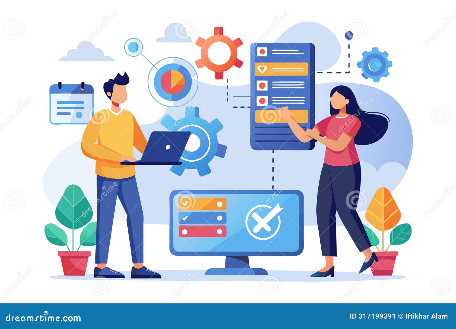 Two People Fixing Network Error on Computer Screen, Two People are ...