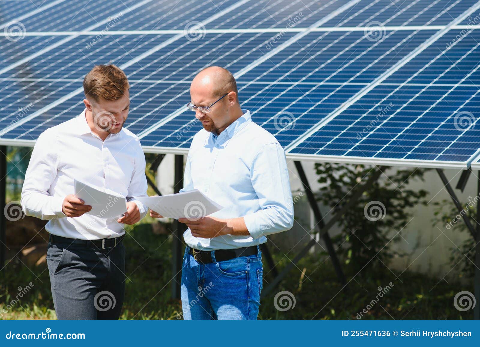 Two People Having a Shaking Hands Against Solar Panel after the ...