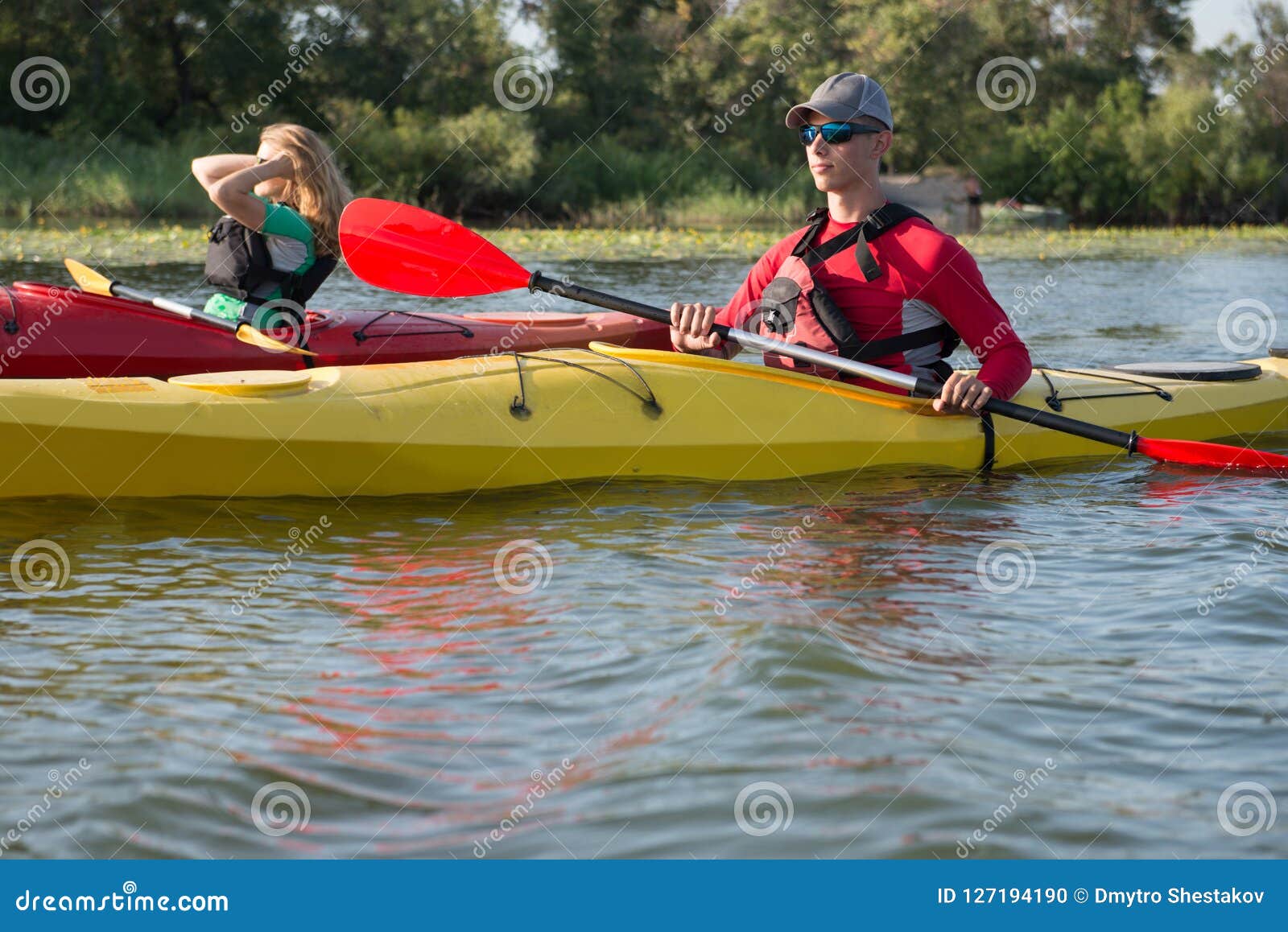 Two People in Kayaks on the River Stock Photo - Image of caucasian ...