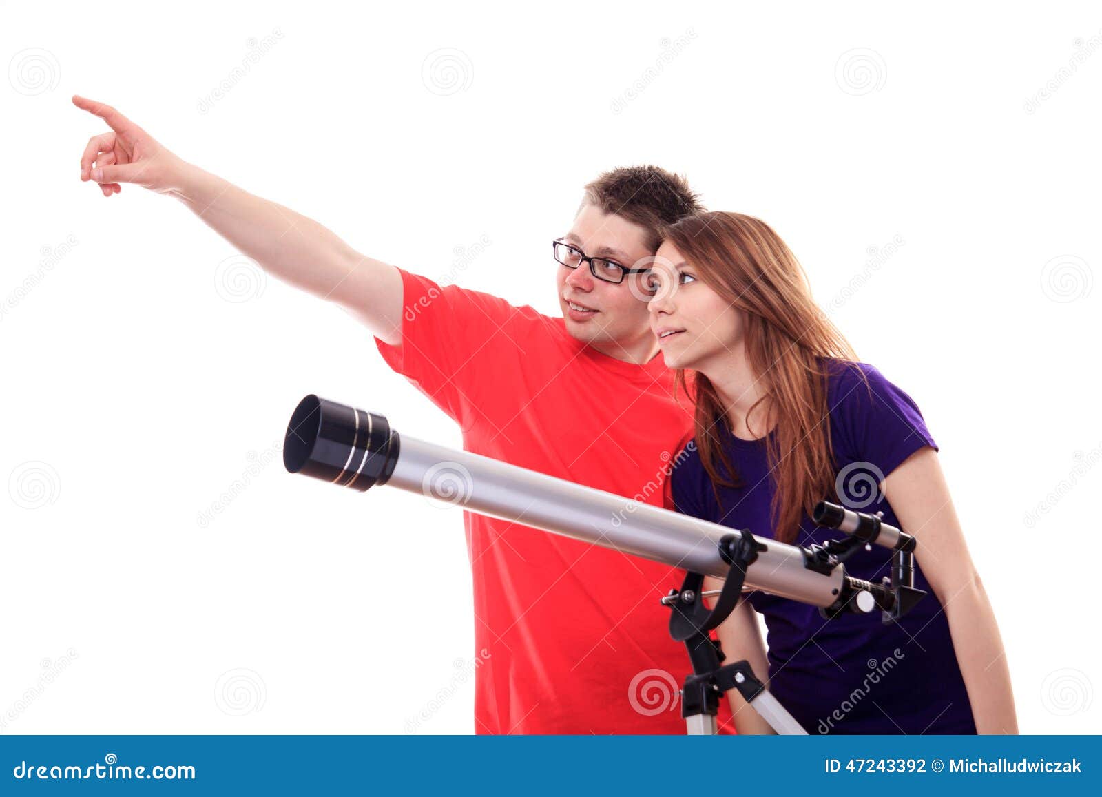 Two People Observe through a Telescope Stock Photo - Image of smile ...
