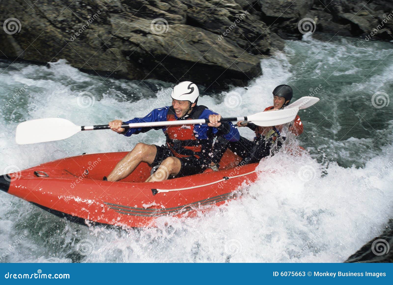 Two People Paddling Inflatable Boat Down Rapids Stock Image - Image of ...