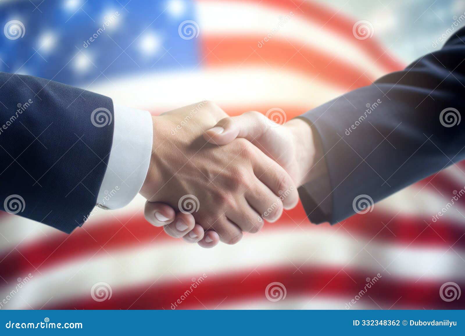 Two People Shake Hands Against the Backdrop of the American Flag ...