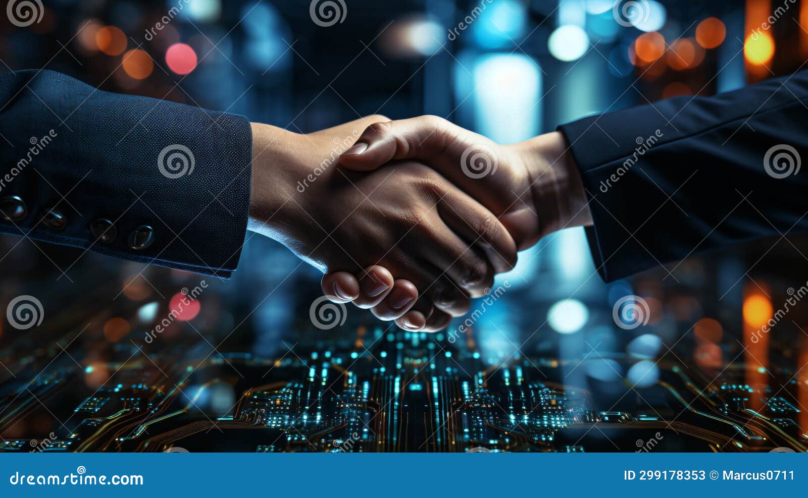 Two People Shake Hands on Business. Technology and Circuit Boards in ...