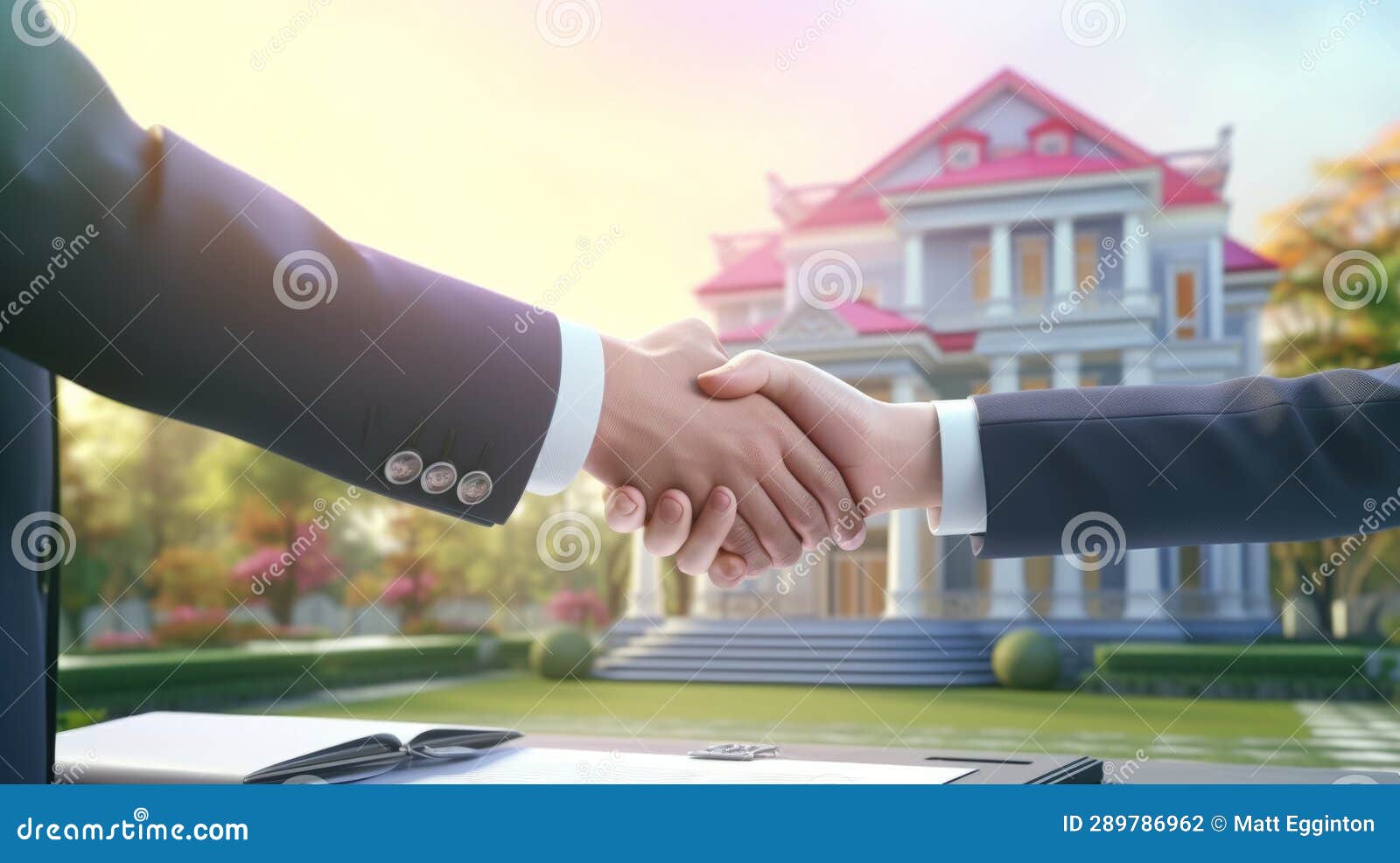 Two People Shaking Hands in Front of a House Stock Illustration ...