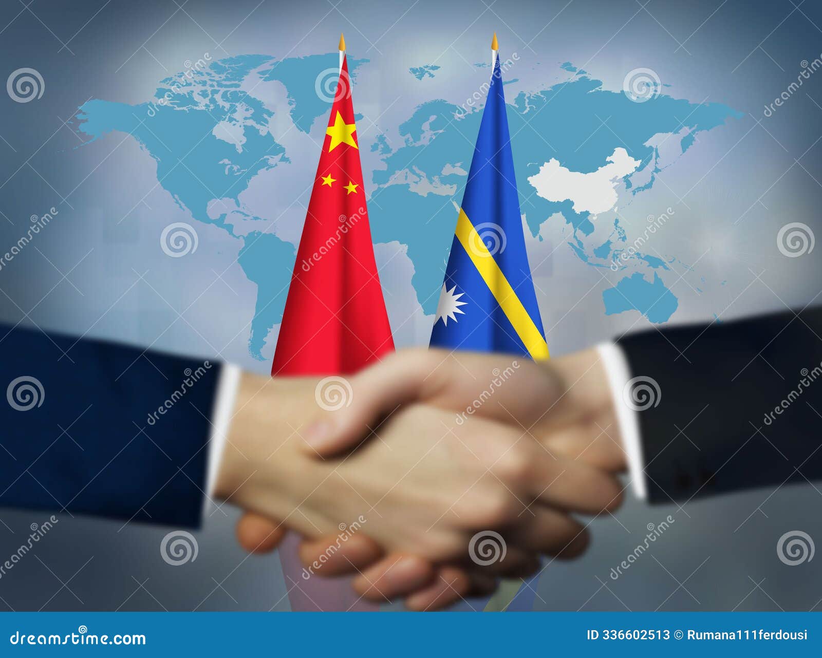 Two People Shaking Hands in Front of Nauru and China Flags Stock ...