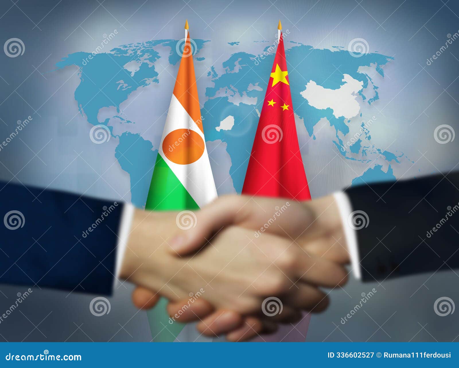 Two People Shaking Hands in Front of Niger and China Flags Stock ...