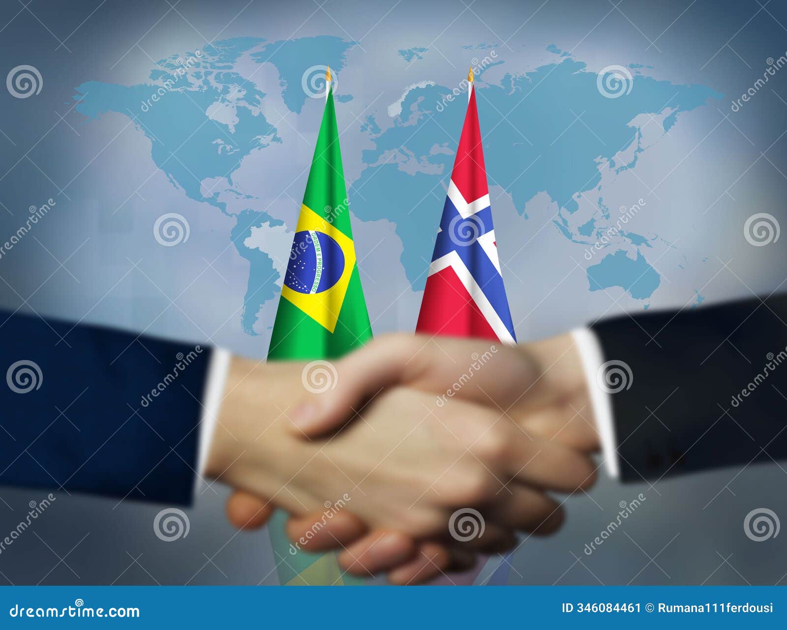 Two People Shaking Hands in Front of Norway and Brazil Flags Stock ...