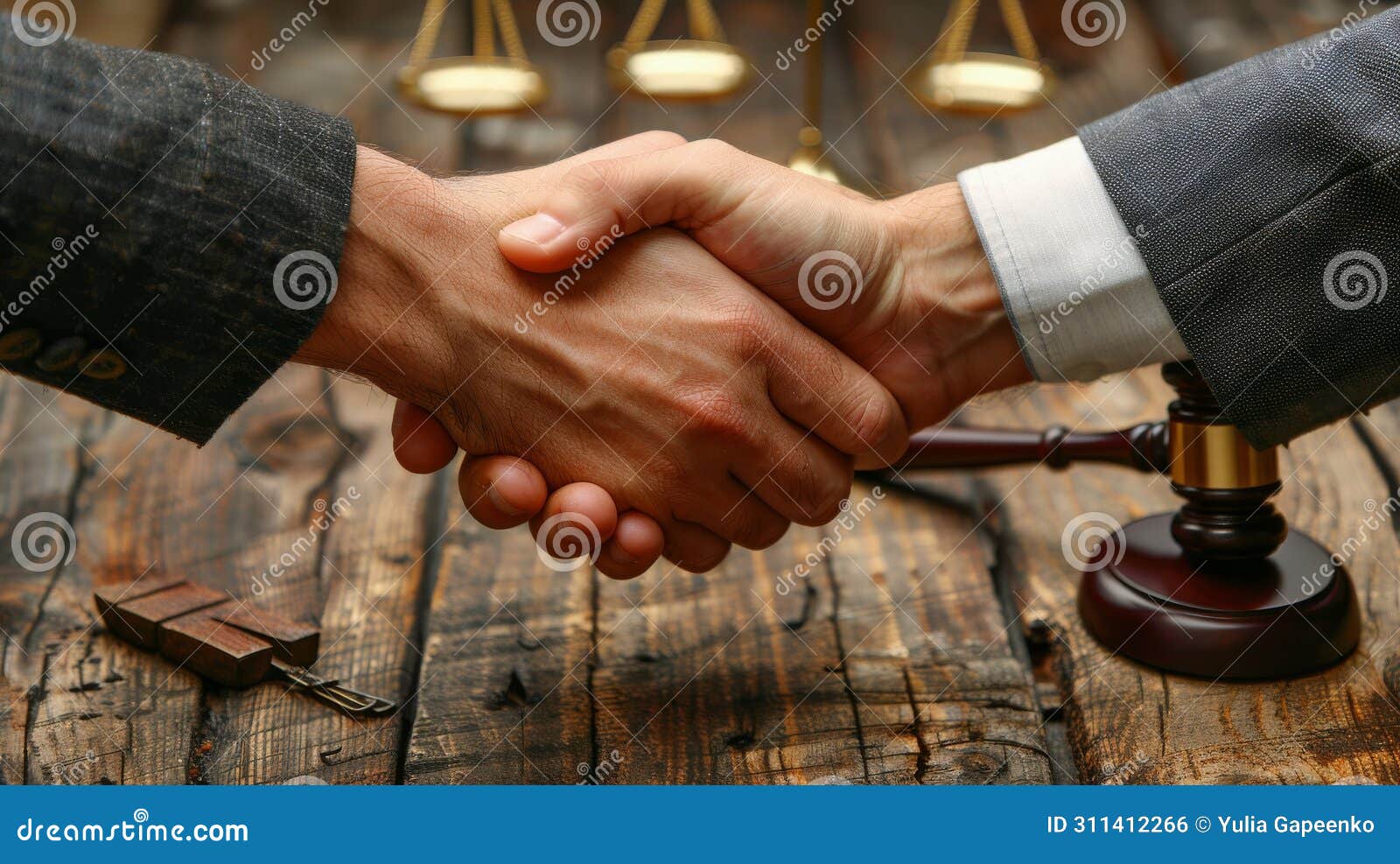 Two People Shaking Hands in Front of a Scale of Justice Stock Photo ...