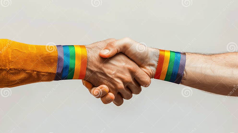 Two People Shaking Hands with Rainbow Wristbands Symbolizing LGBTQ+ ... Two People Shaking Hands with Rainbow Wristbands Symbolizing LGBTQ+ ...