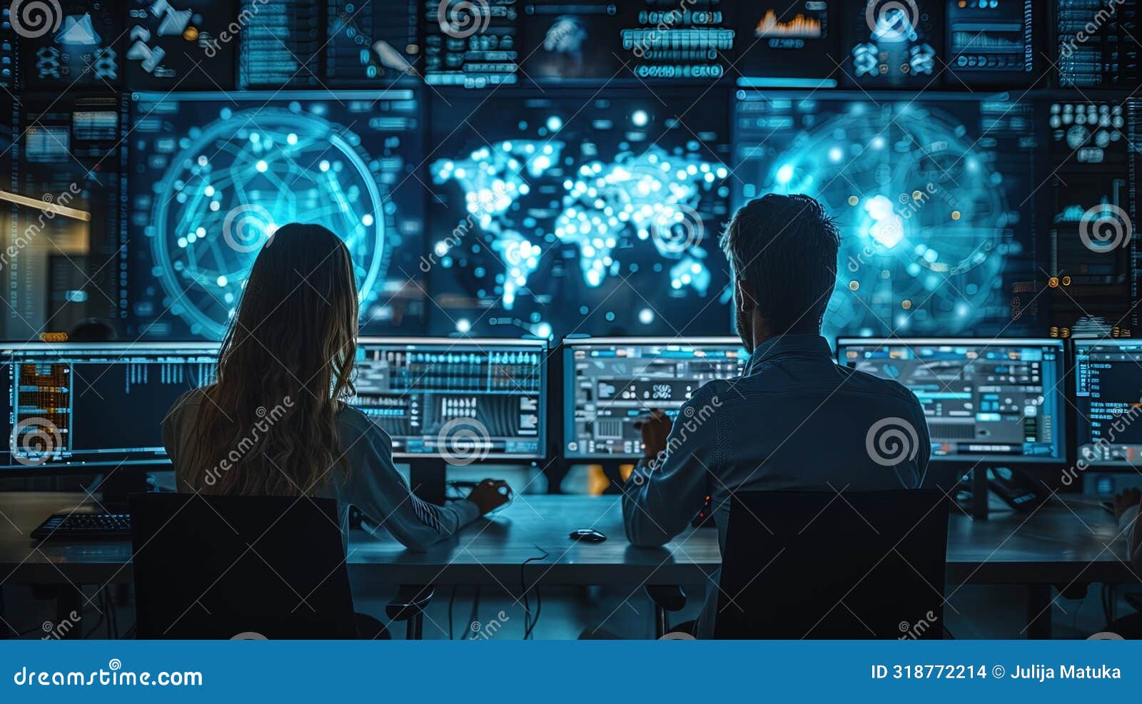 Two People are Sitting at a Computer Desk with Monitors in Front of ...