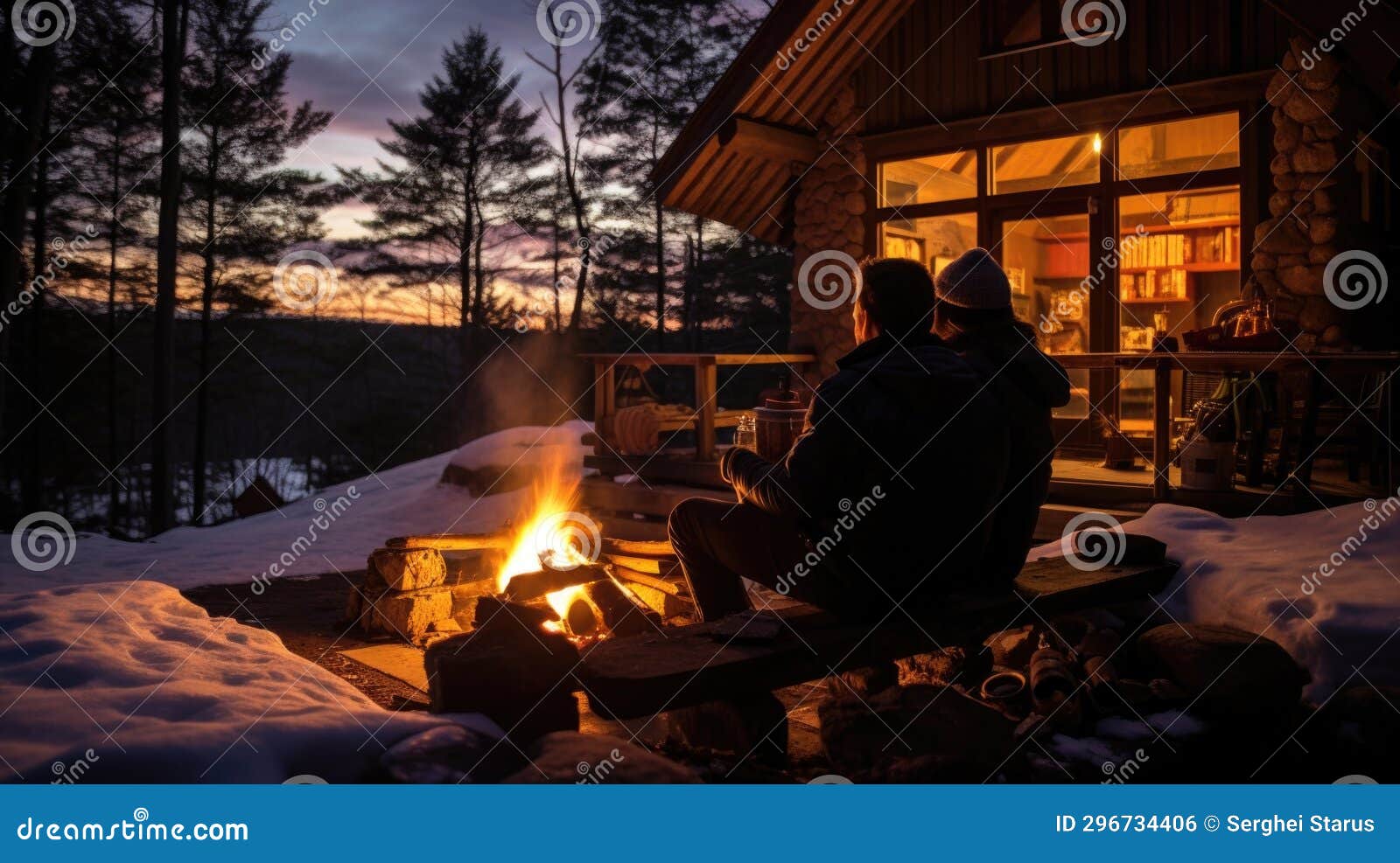 Two People Sitting by a Fire Pit in Front of a Cabin, AI Stock Photo ...