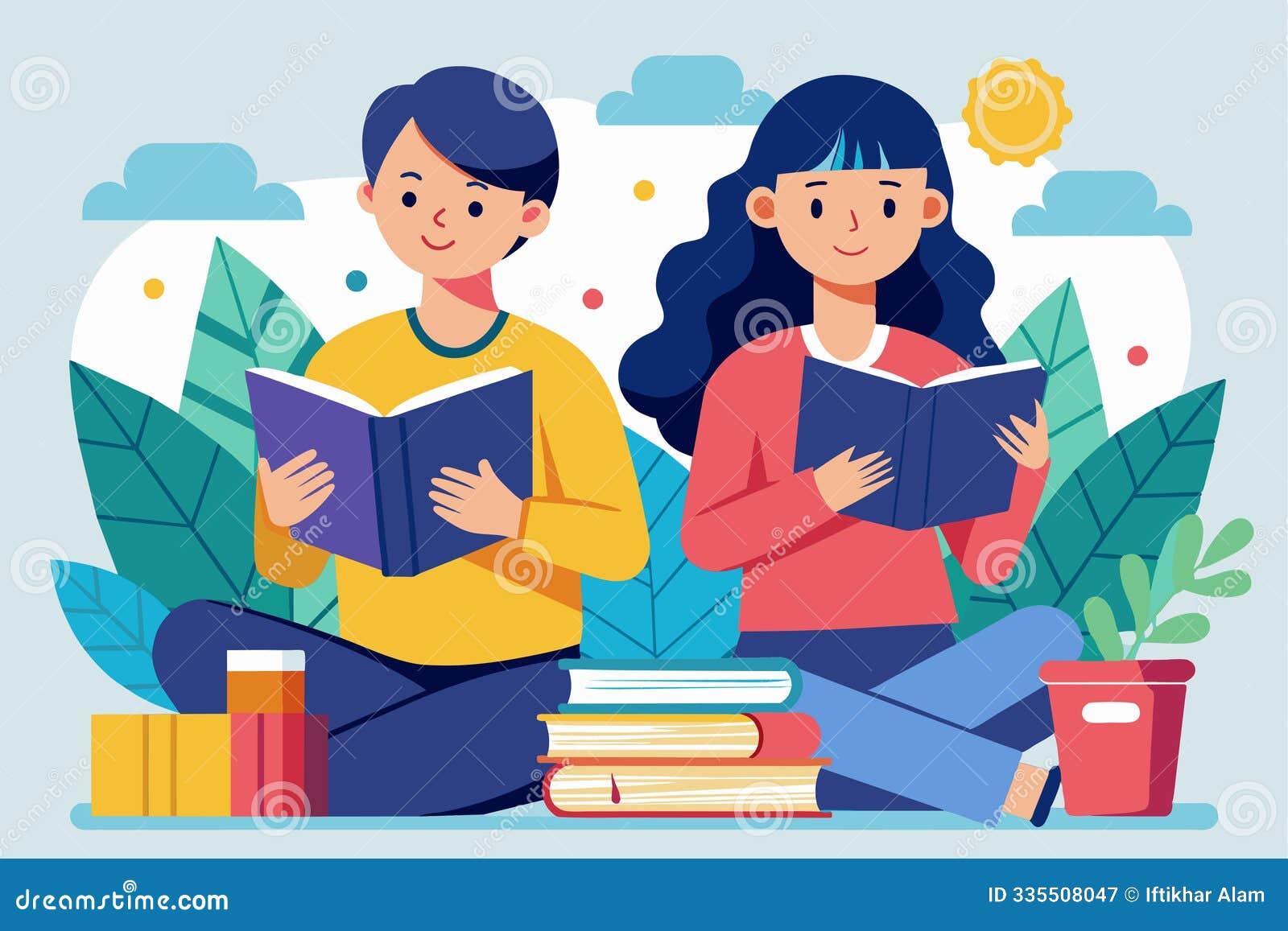 Two People are Sitting on the Ground, Focused on Reading Books ...