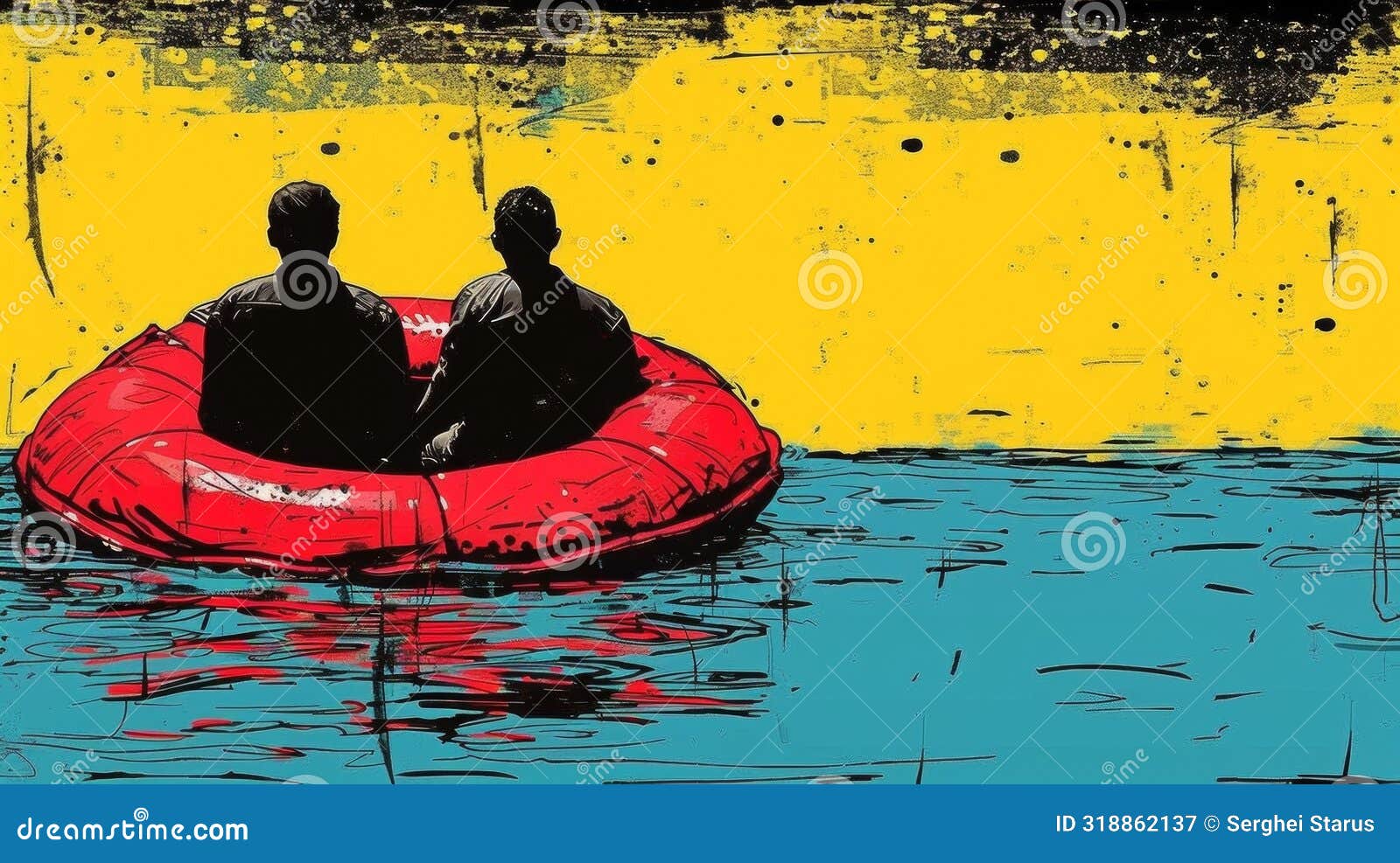 Two People Sitting in a Raft on Top of Water, AI Stock Illustration ...
