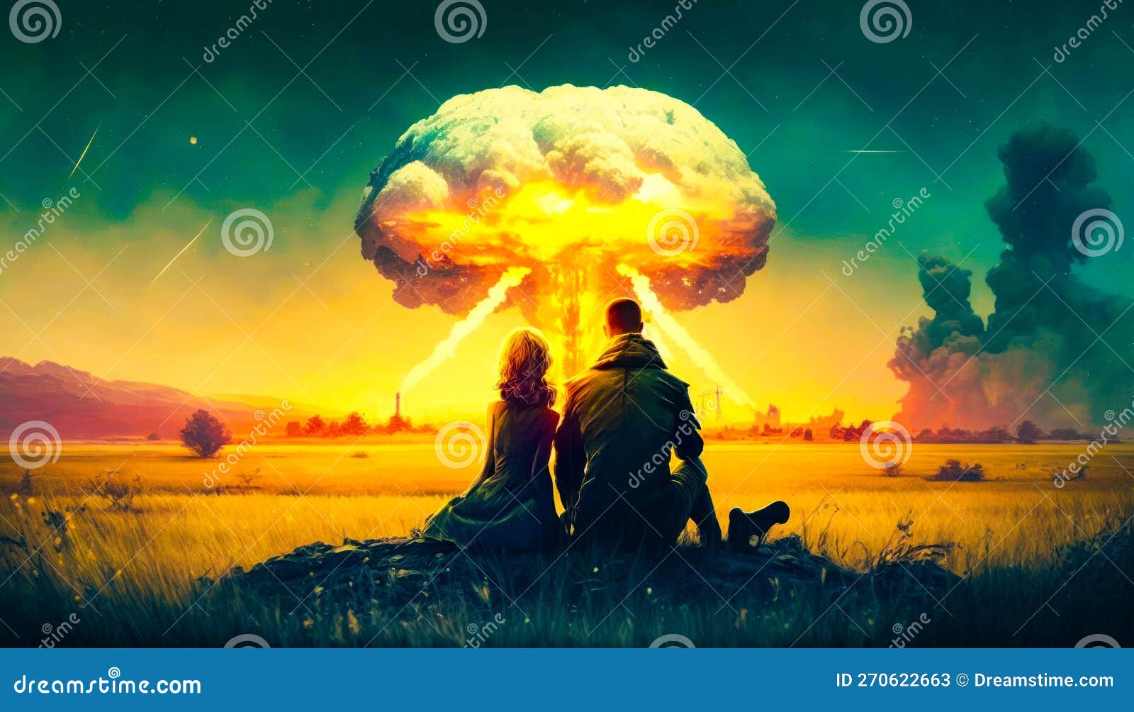 Two People Sitting on Rock Looking at Nuclear Explosion Generative AI ...