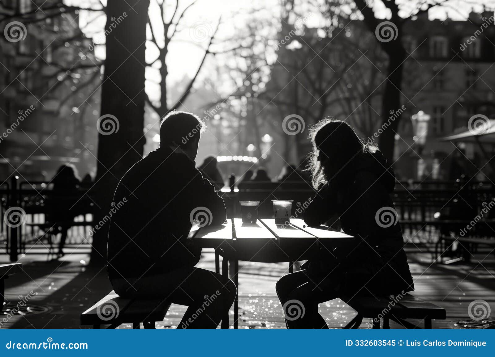 Two People Sitting at a Table in a Park Stock Illustration ...