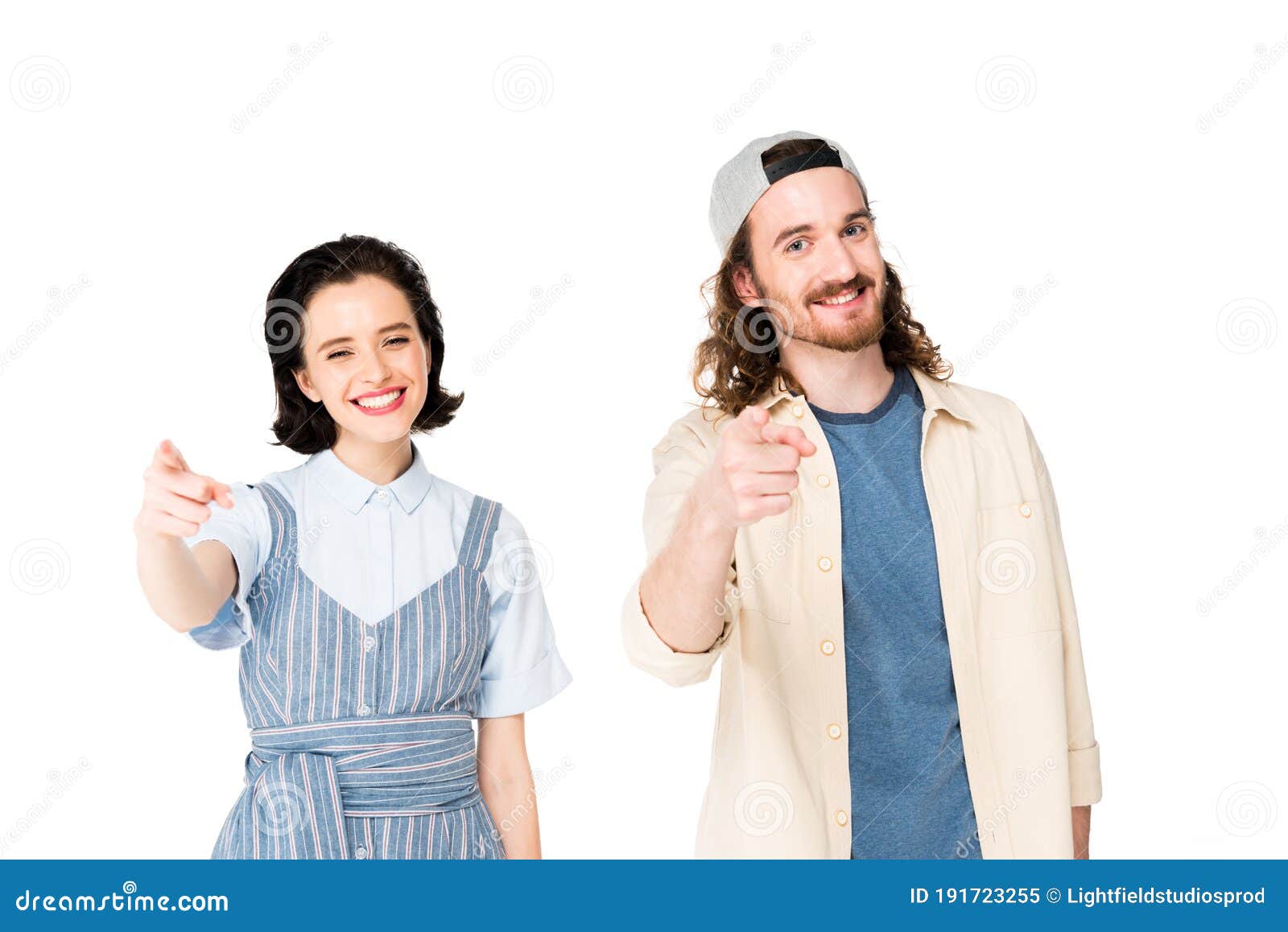 Two People Smiling and Pointing with Fingers at Camera Stock Image ...