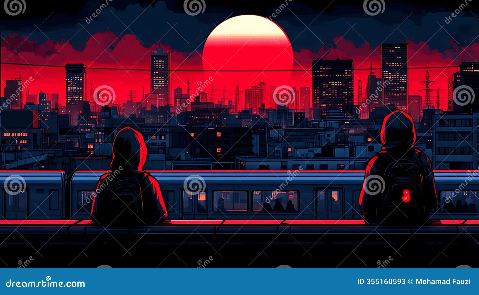 Two People Stand on a Rooftop Overlooking a Cityscape with a Red Sun ...