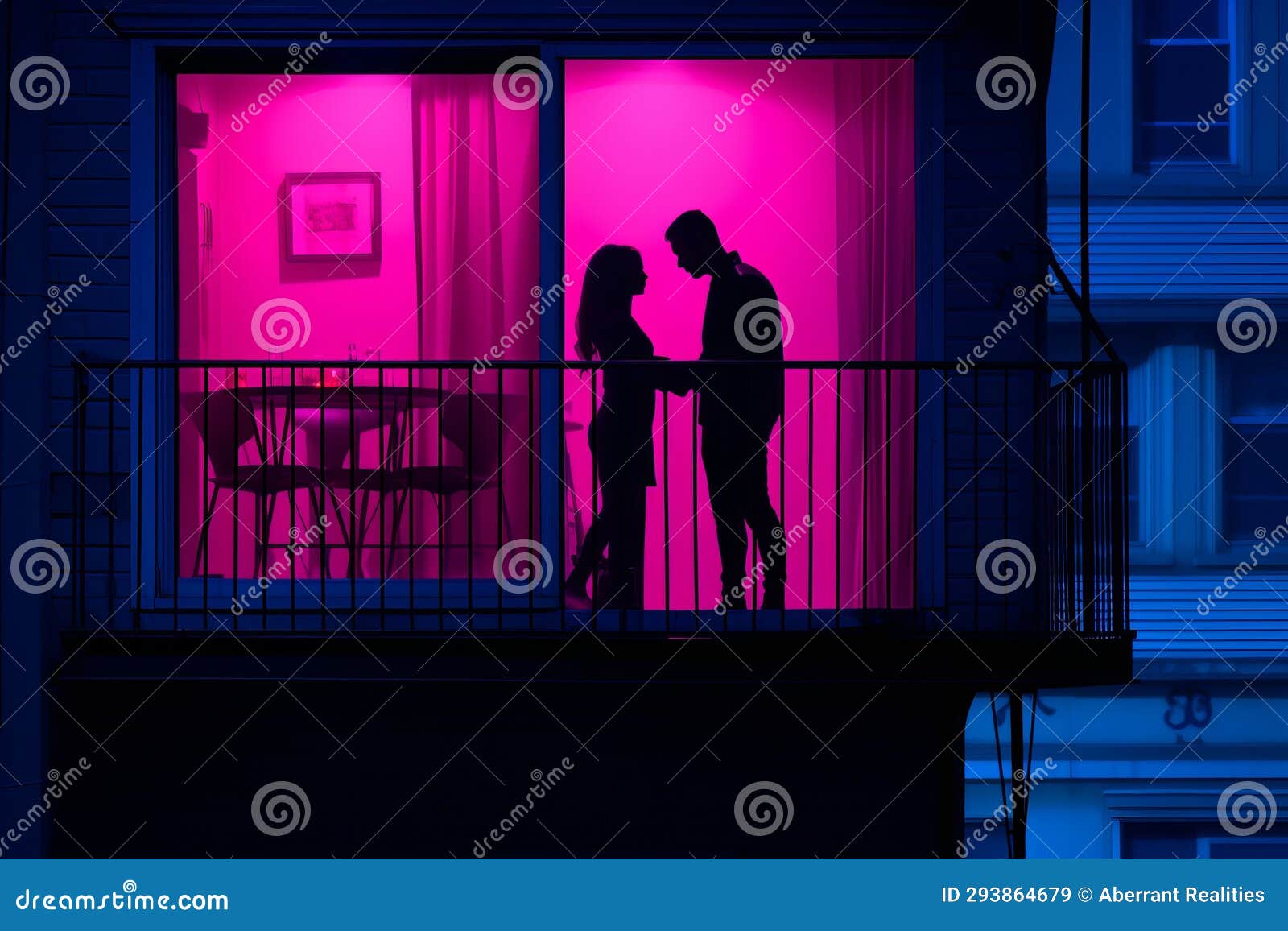 Two People Standing on a Balcony with a Pink Light Shining on Them ...