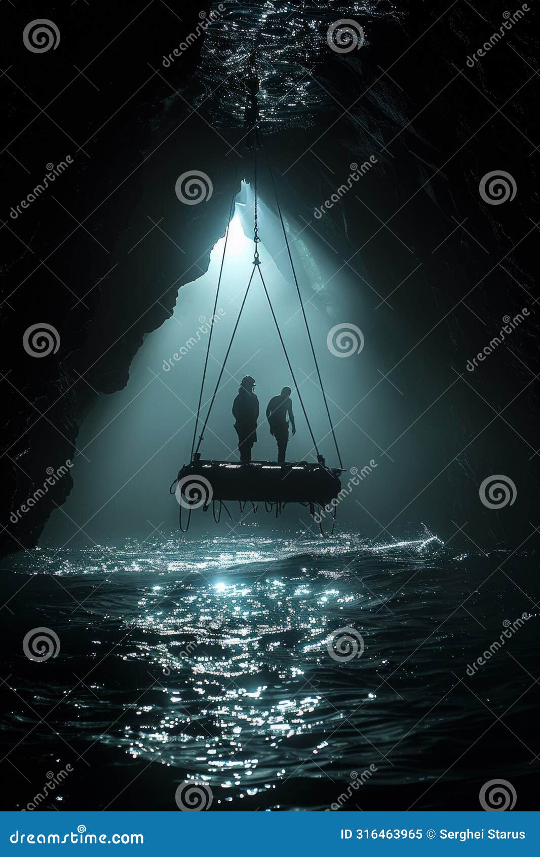 Two People are Standing in a Cave with Water Flowing Out, AI Stock ...