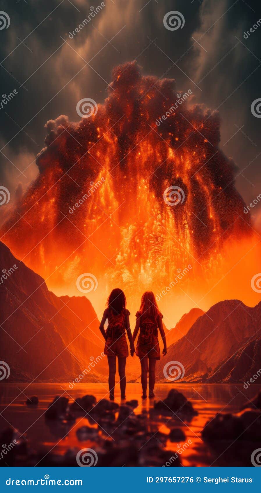 Two People Standing in Front of an Erupting Volcano, AI Stock ...