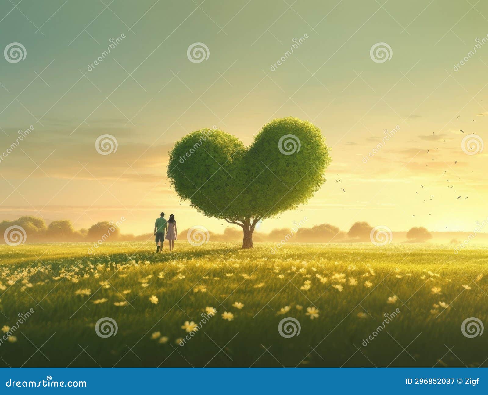 Two People Standing in Front of a Heart Shaped Tree Stock Illustration ...
