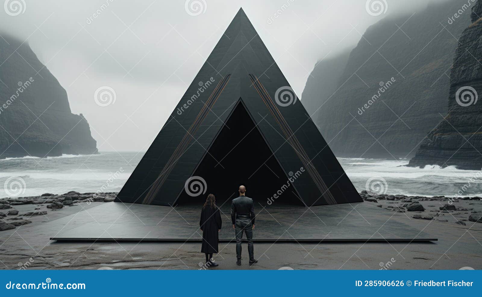 Two People Standing in Front of a Triangular Structure. Digital Image ...