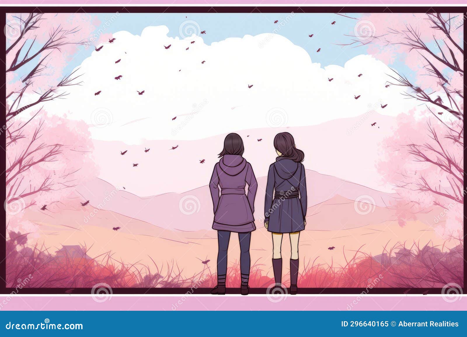 Two People Standing in Front of a Window Looking Out at the Trees Stock ...