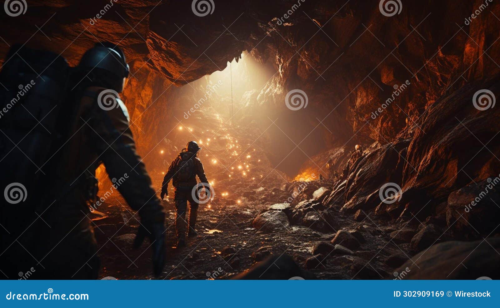 Two People Standing in an Illuminated Cave, AI-generated. Stock ...
