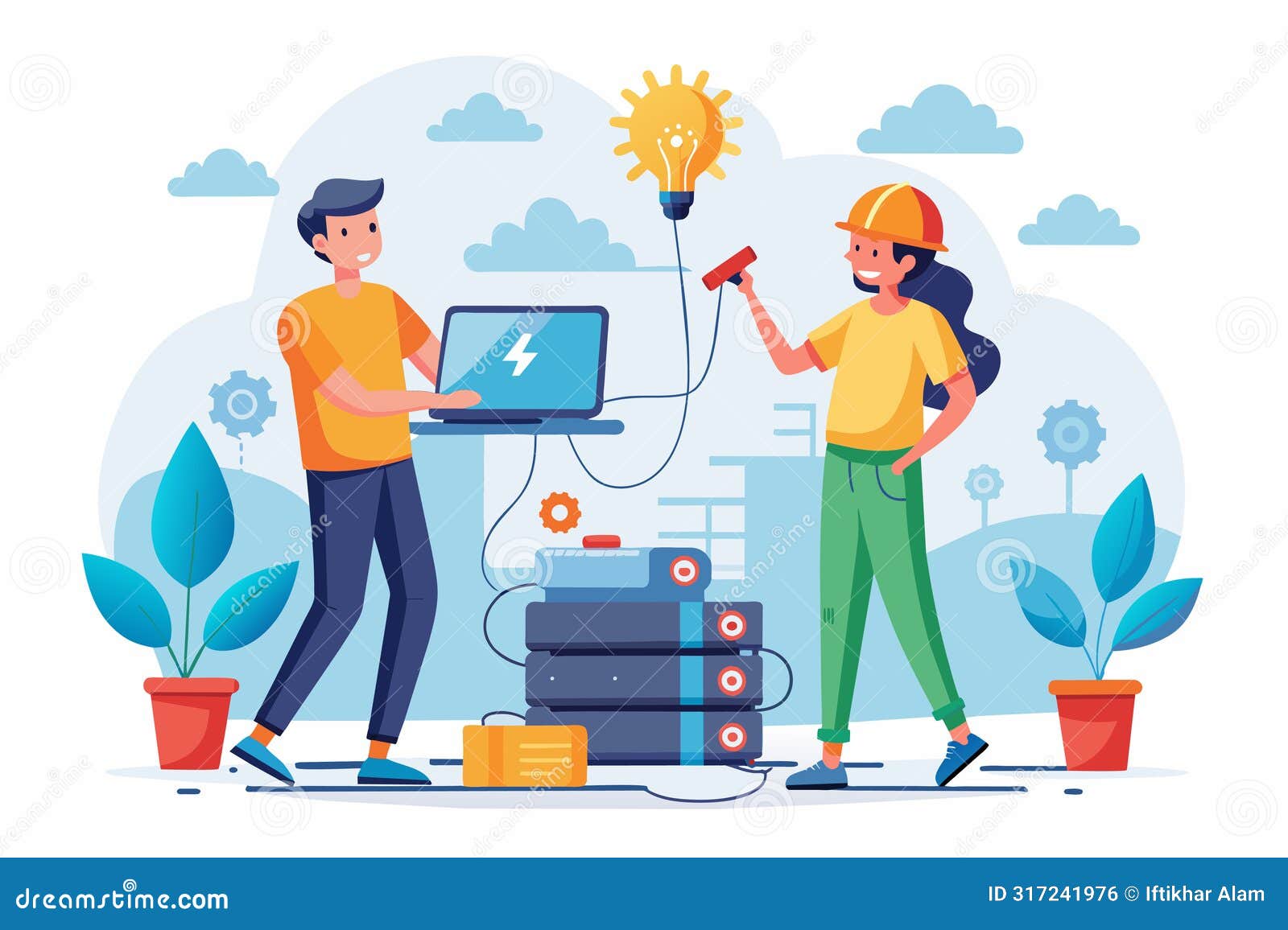 Two People Standing by a Laptop, Workers Fix Problems with Internet ...