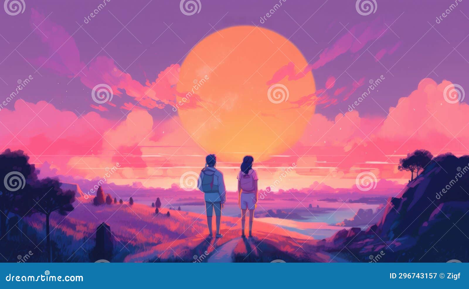 Two People Standing on a Path Looking at the Sunset Stock Illustration ...