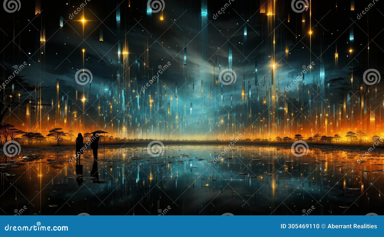 Two People are Standing in the Water Under a Star Filled Sky Stock ...