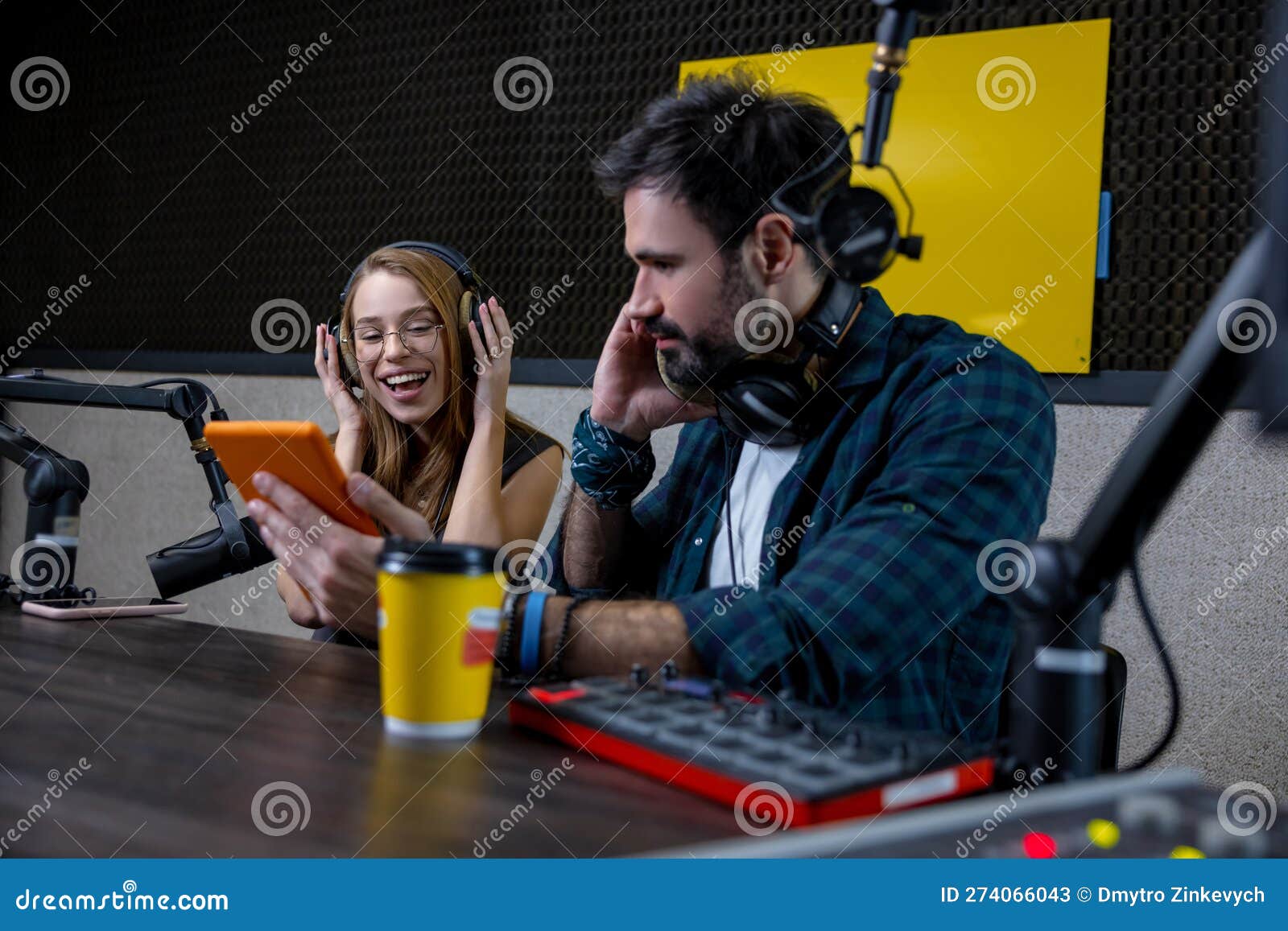 Two People at the Studio Preparing a Radio Program Stock Image - Image ...
