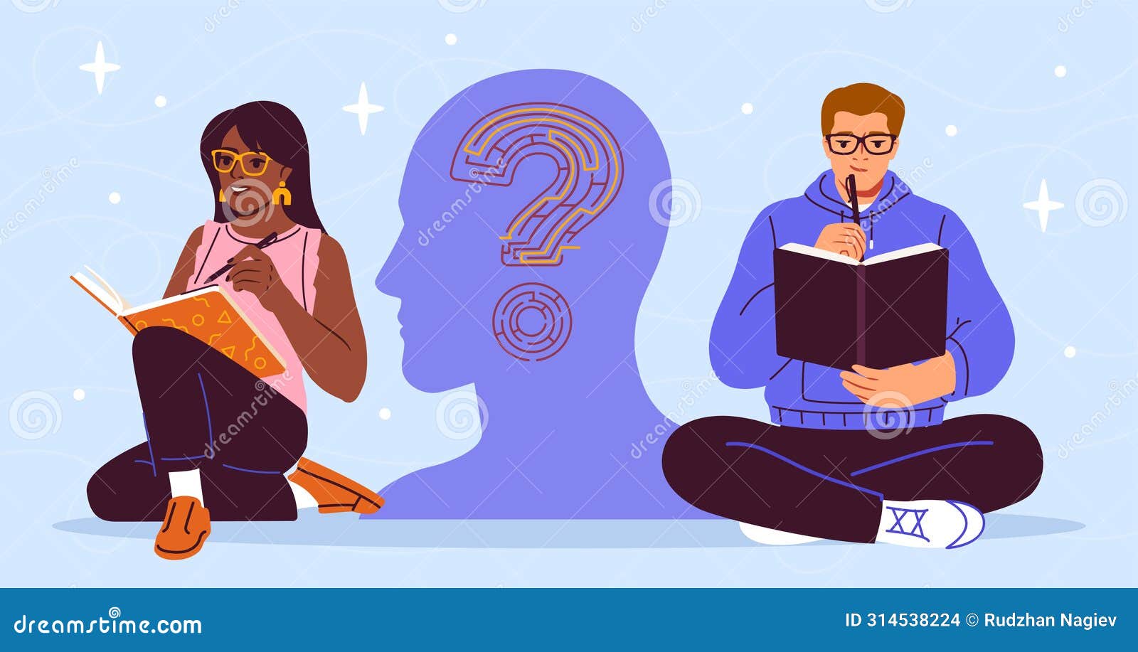 Two People Studying With A Stylized Question Mark Vector Illustration ... Two People Studying With A Stylized Question Mark Vector Illustration ...