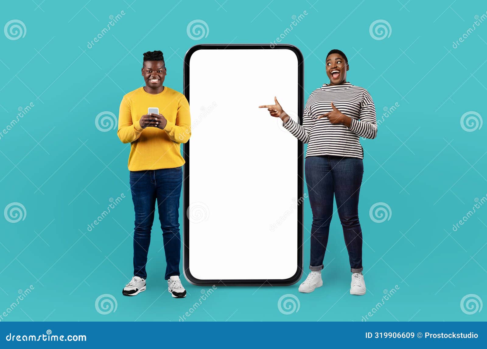 Two People Using Mobile Devices with Large Phone Frame Stock Image ...