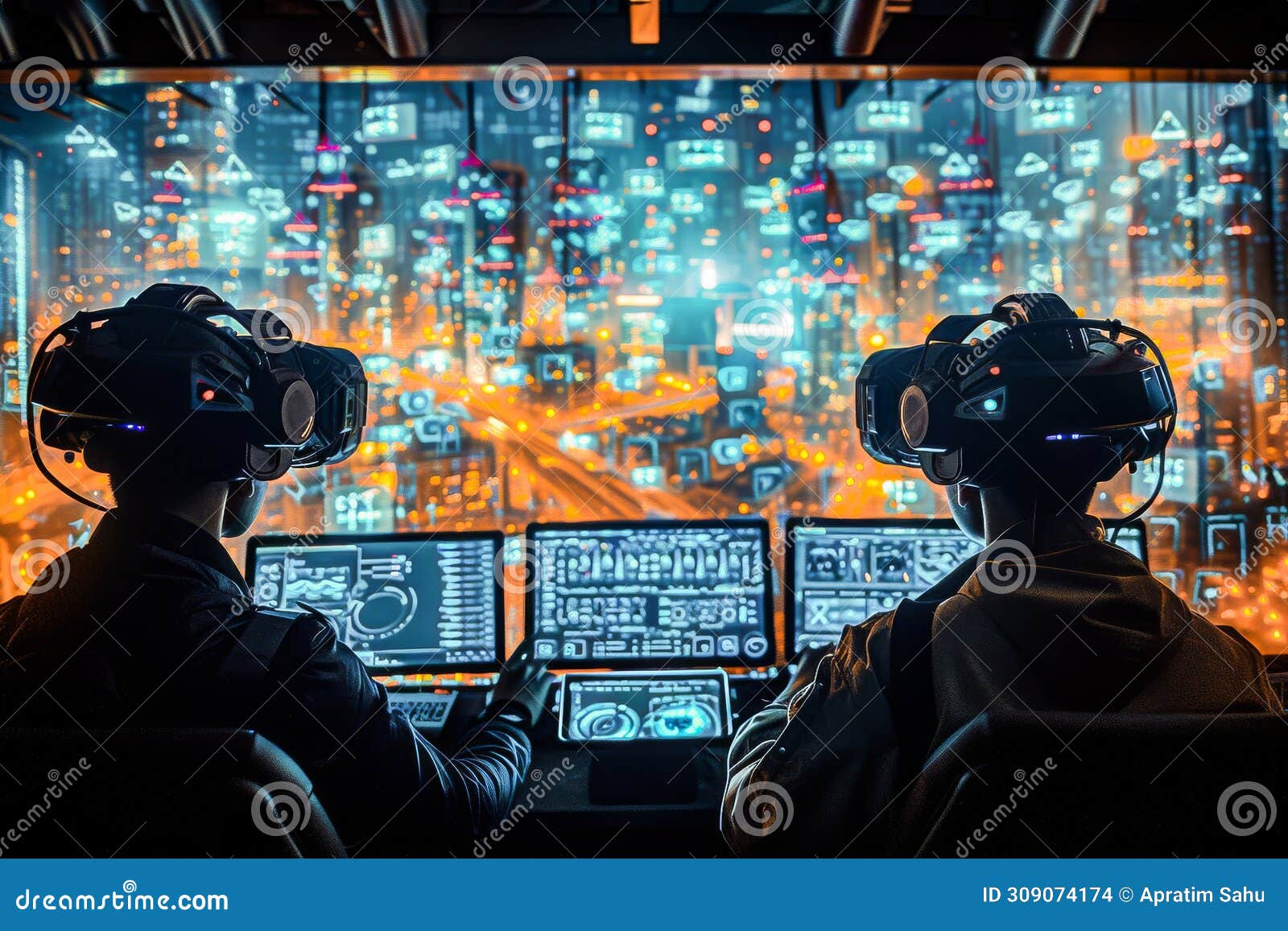 Two People are Immersed in a Futuristic Digital World with Virtual ...