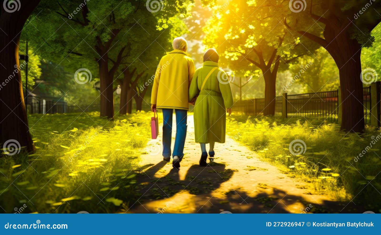 Two People Walking Down Path in Park. Generative AI Stock Image - Image ...