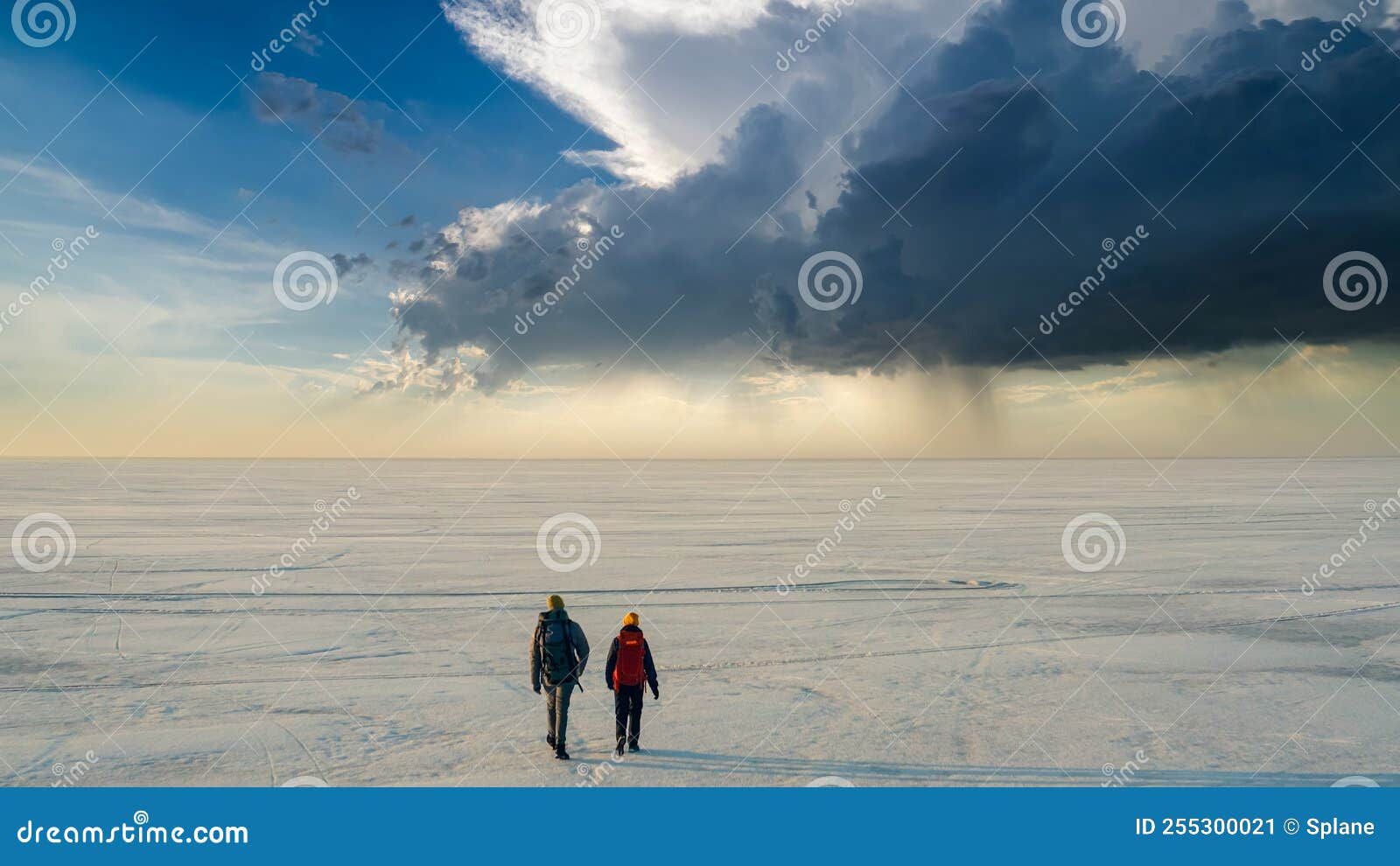 The Two People Walking through the Endless Snow Field. Stock Image ...