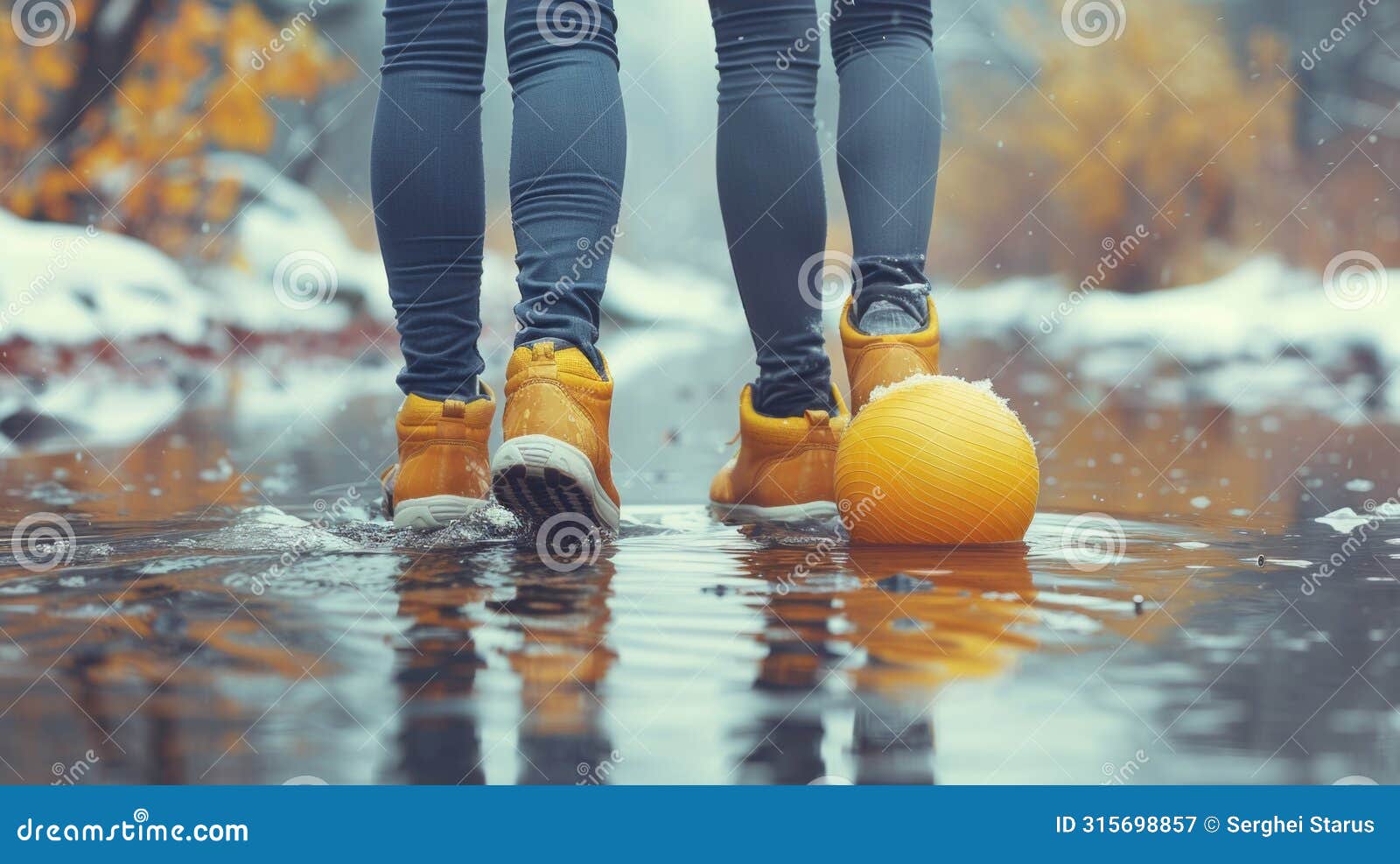 Two People Walking in a Puddle with an Orange Ball, AI Stock Image ...