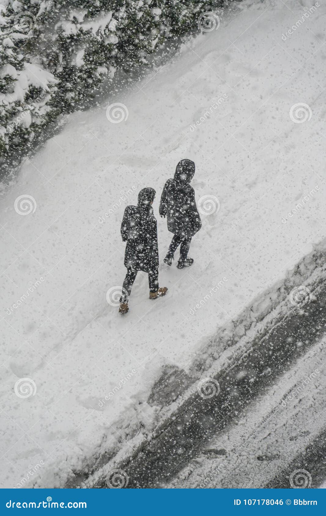 Two people walking on snow stock photo. Image of activity - 107178046