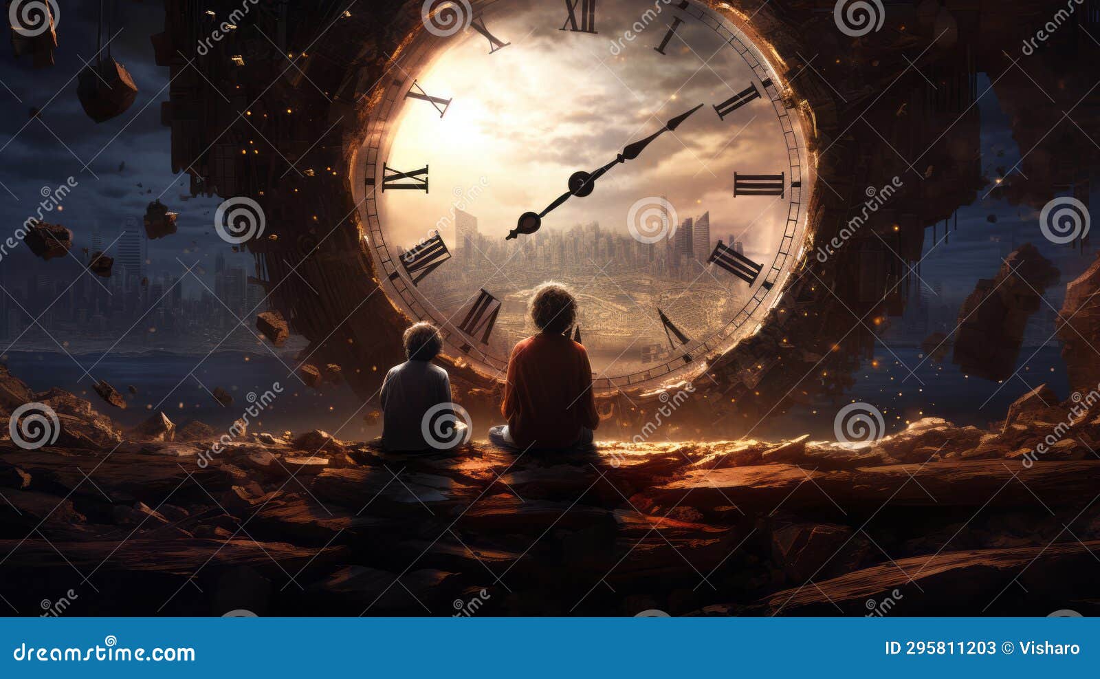 Two People Watching a Clock with City Skyline in Distance Stock ...