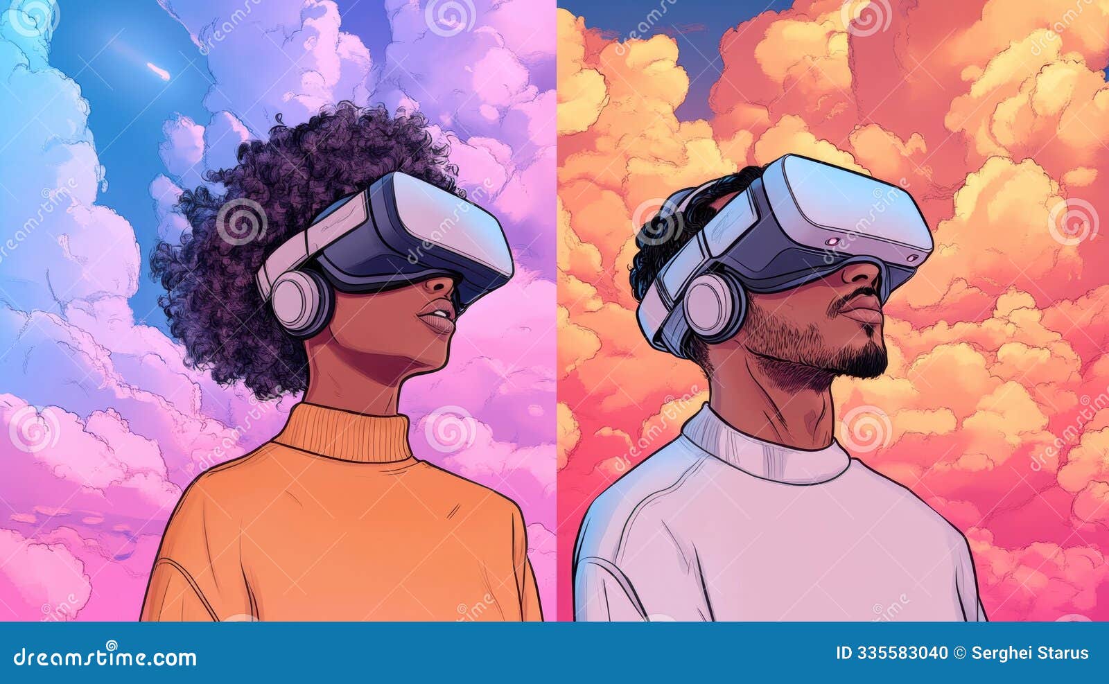 Two People Wearing Virtual Reality Headsets in Front of a Colorful Sky ...