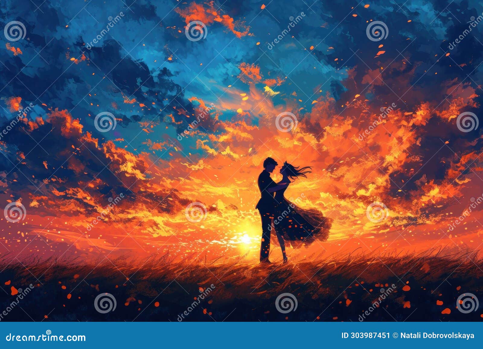 Two People Who are Dancing at Sunset, in the Style of Cute and Dreamy ...