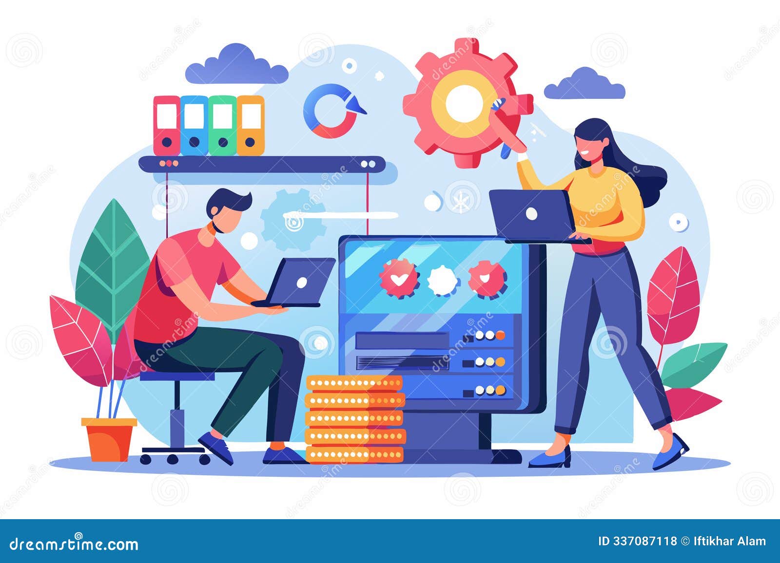 Two People Work Together To Resolve a Network Error in a Contemporary ...