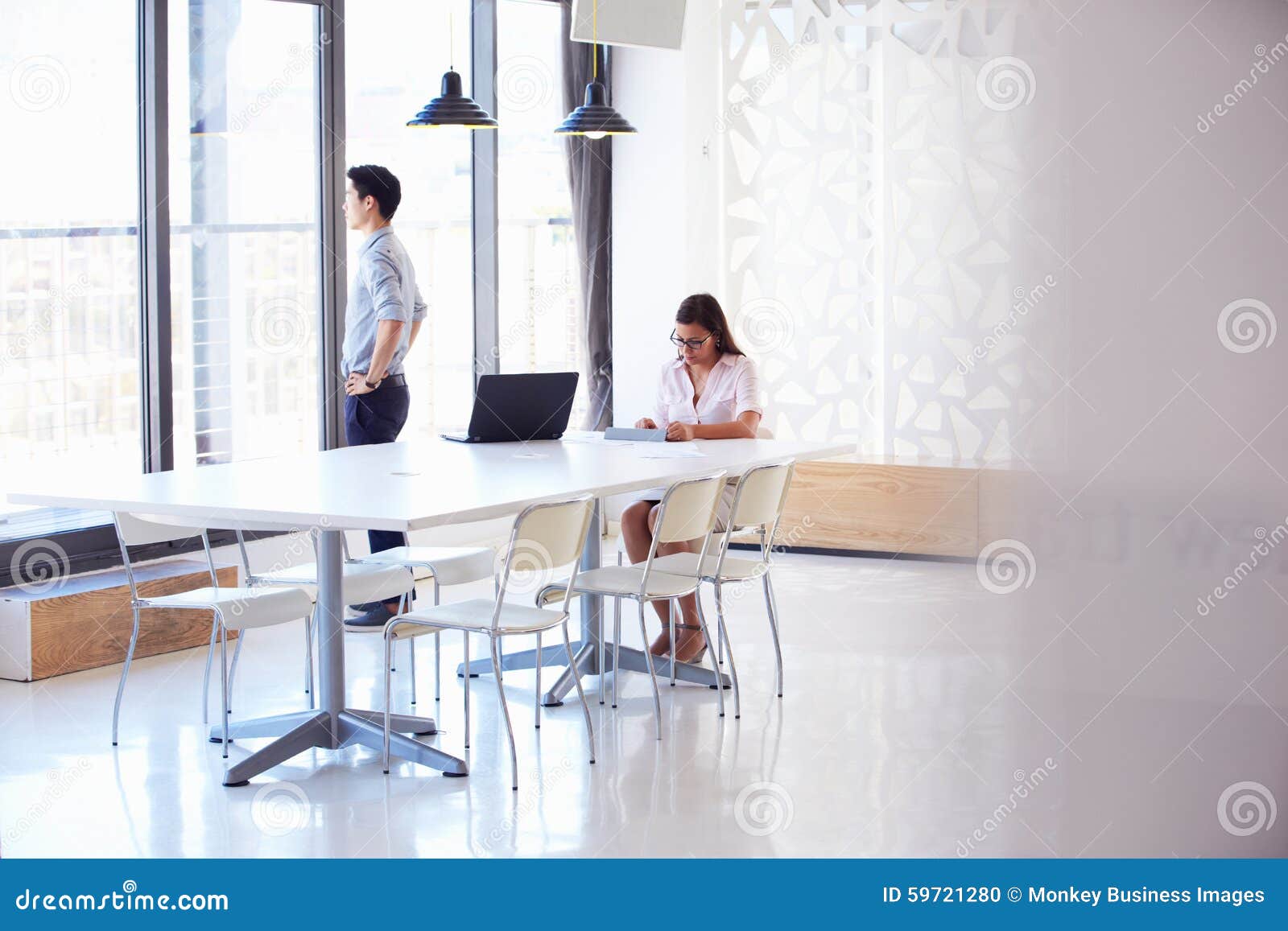 Two People Working with Digital Tablet in Empty Meeting Room Stock ...