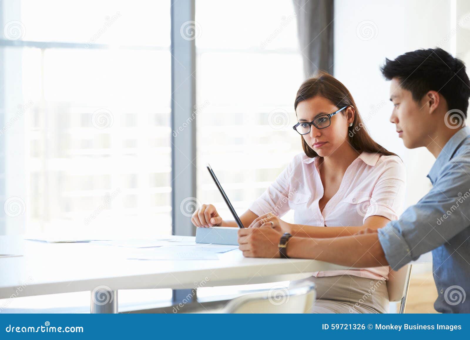 Two People Working with Digital Tablet in Empty Meeting Room Stock ...